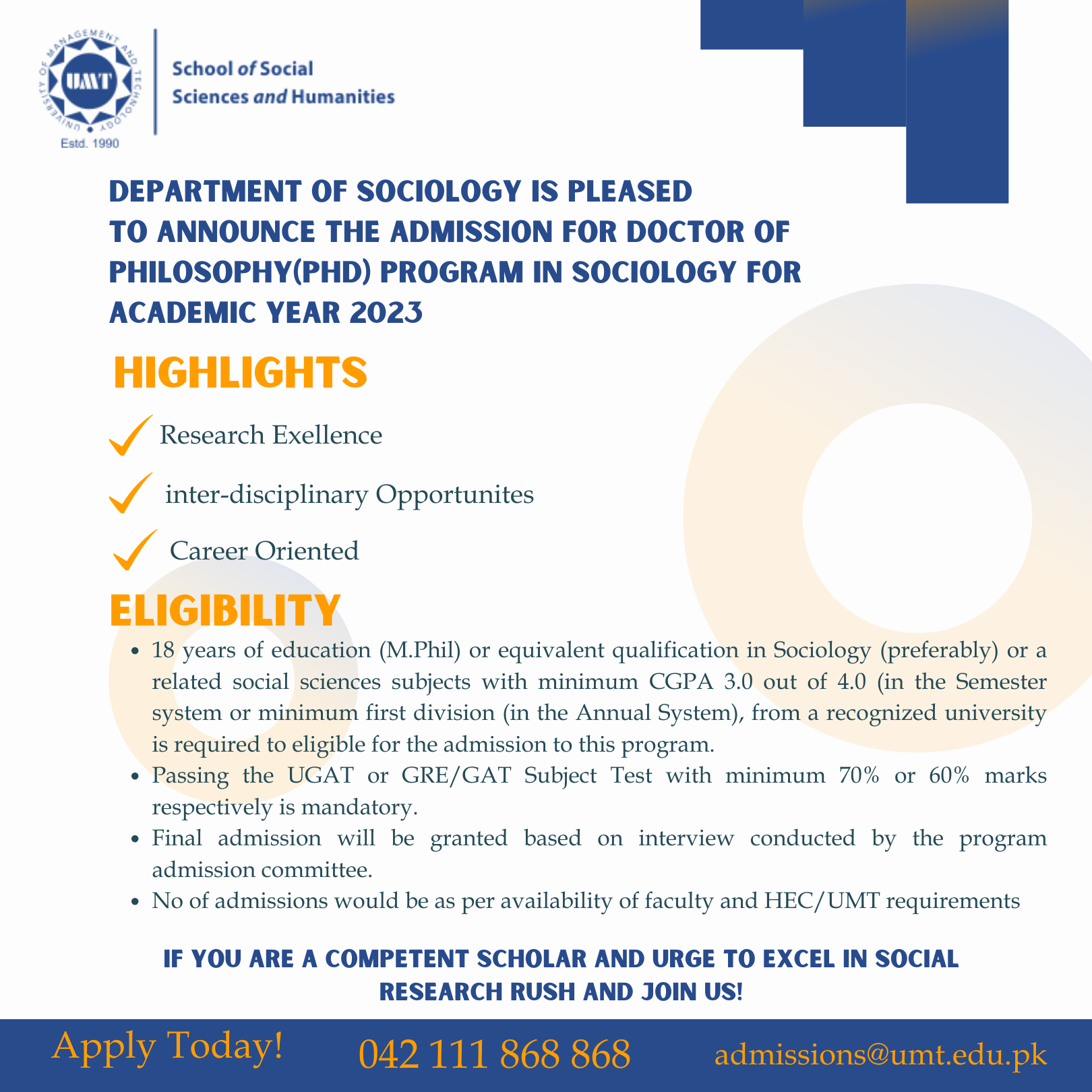 Admission open for PHD - School of Social Sciences and Humanities