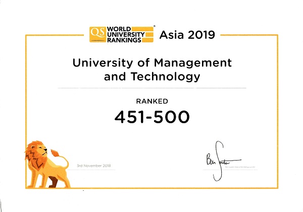 UMT Awarded Certificate for QS Asia University Ranking 2019 - UMT